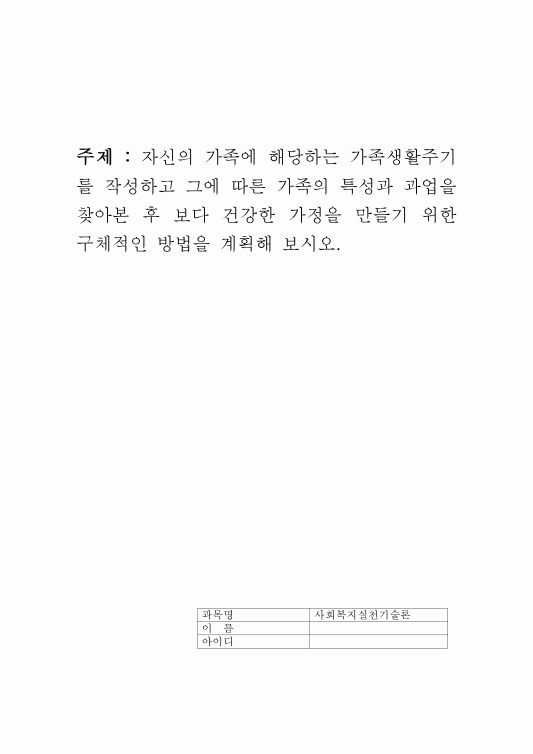 자신의 가족에 해당하는 가족생활주기를 작성하고 그에 따른 가족의 특성과 과업을  찾아본 후 보다 건강한 가정을 만들기 위한 구체적인 방법을 계획해 보시오.