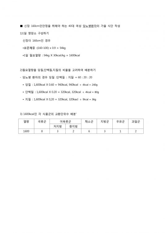 당뇨병 환자와 신부전 환자의 가을 식단 작성하기