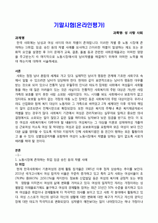성 사랑 사회] 한국 사회 남성과 여성 사이의 차별에 대하여