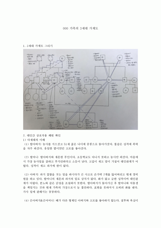 자신의 가족(혹은 가족문제가 중심이 되는 드라마나 소설, 영화 등에 등장하는 가족 사례여도 무방함. 단, 참고한 가족사례를 명시할 것)에 대해 3대가 포함된 가계도를 그리고(손 그림을 그려 스캔한 후 그림파일로 한글문서에 포함시켜도 무방함) 이에 대한 해석을 통해 가족을 사정해보세요.