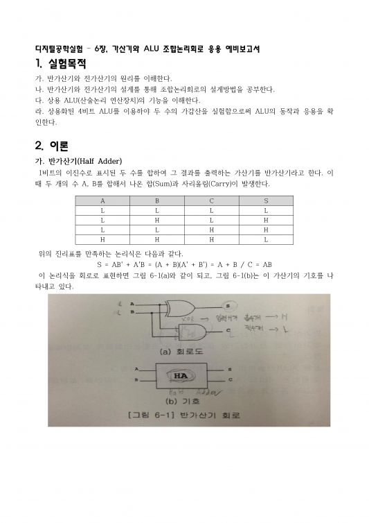 6장 가산기와 ALU 그리고 조합논리회로 응용 예비