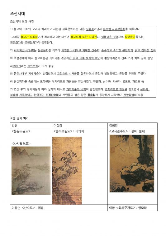 한국미술사_조선시대_도판 요약 정리