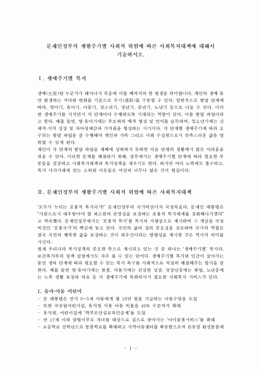 문재인정부의 생활주기별 사회적 위험에 따른 사회복지대책에 대해서 기술하시오.
