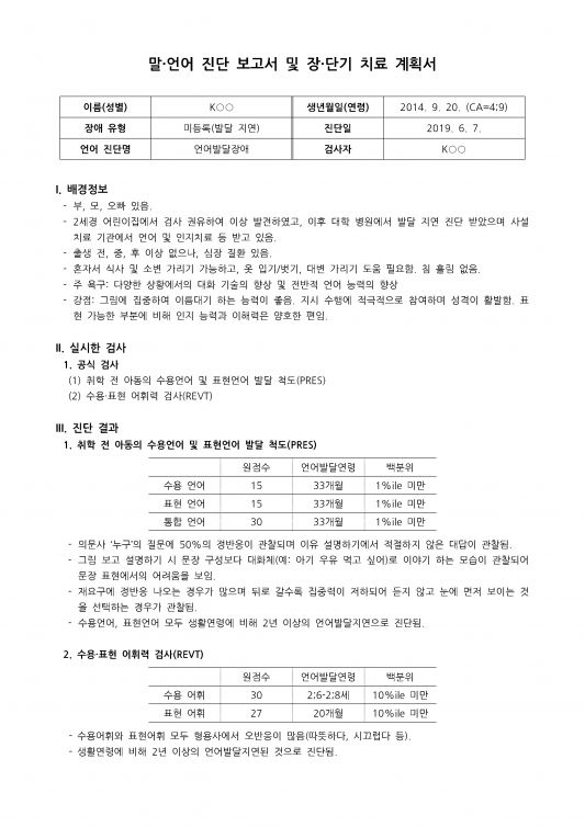 언어치료(언어발달장애)-진단 보고서, 치료 계획서, 진전(종결) 보고서, 회기 보고서(일지) 종합