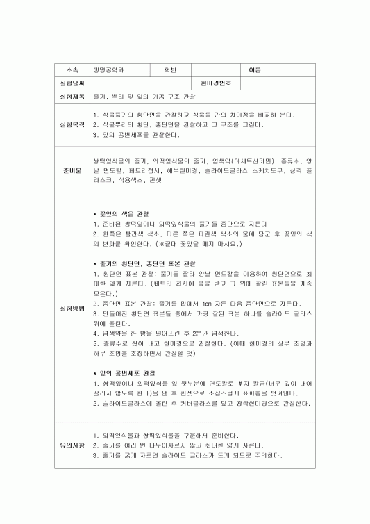 생명공학실험: 광학현미경으로 쌍떡잎식물과 외떡잎식물의 줄기, 뿌리 및 잎의 기공 구조 관찰