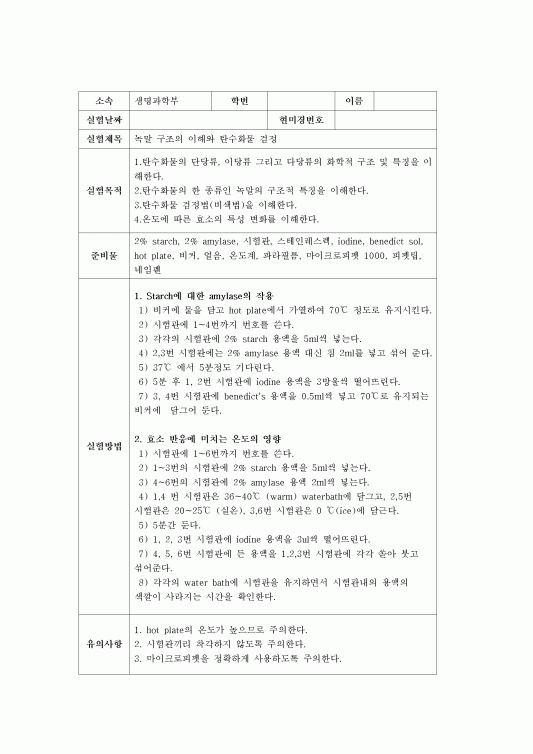 녹말 구조의 이해와 탄수화물 검정