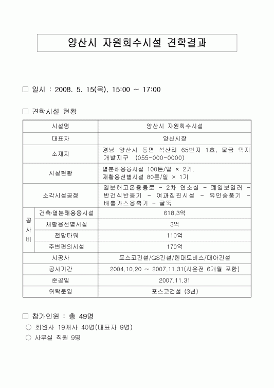 양산시 자원회수(소각)시설 견학결과 보고서