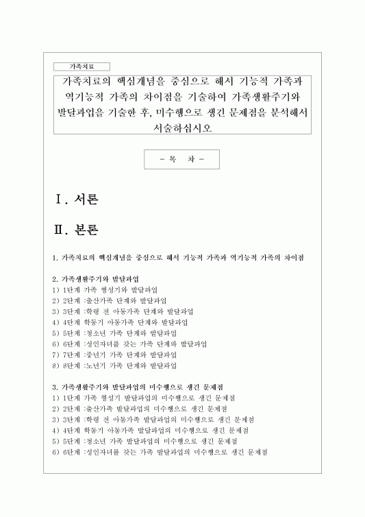 가족치료의 핵심개념을 중심으로 해서 기능적 가족과 역기능적 가족의 차이점을 기술하여 가족생활주기와 발달과업을 기술한 후, 미수행으로 생긴 문제점을 분석해서 서술하십시오