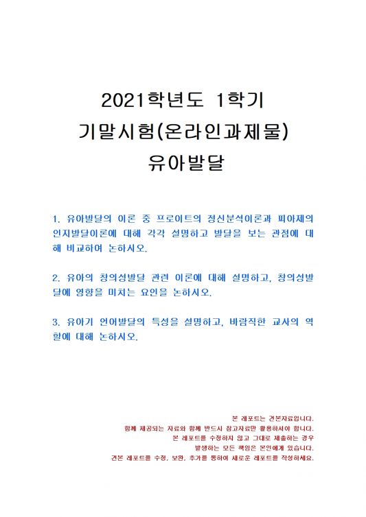 2021년 1학기 유아발달 기말시험 과제물(유아발달 이론, 유아의 창의성 발달 관련 이론)
