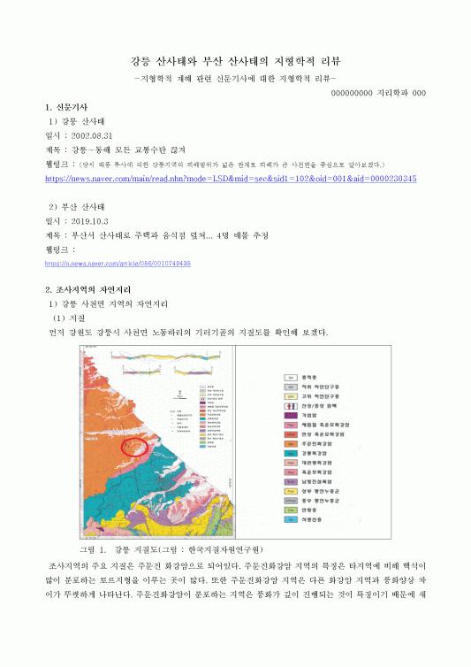강릉 산사태와 부산 산사태의 지형학적 비교(산사태 관련 신문기사에 대한 지형학적 리뷰)