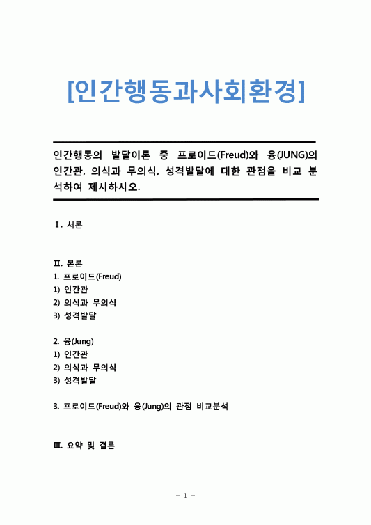 인간행동의 발달이론 중 프로이드(Freud)와 융(JUNG)의 인간관, 의식과 무의식, 성격발달에 대한 관점을 비교 분석하여 제시하시오.