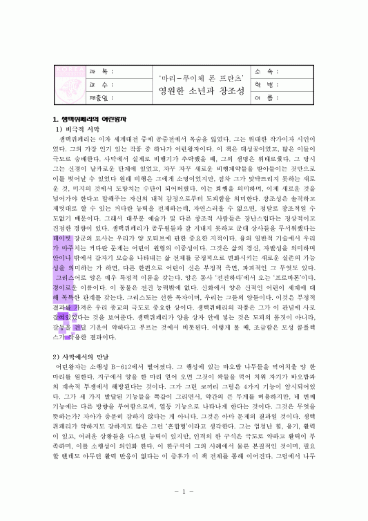 영원한 소년과 창조성(마리-루이체 폰 프란츠) 독서보고서