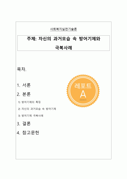 자신의 과거모습 속 방어기제와 극복사례_사회복지실천기술론