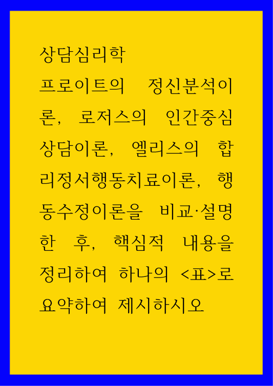 상담심리학 ) 프로이트의 정신분석이론, 로저스의 인간중심 상담이론, 엘리스의 합리정서행동치료이론, 행동수정이론을 비교·설명한 후, 핵심적 내용을 정리하여 하나의 표로 요약하여 제시하시오