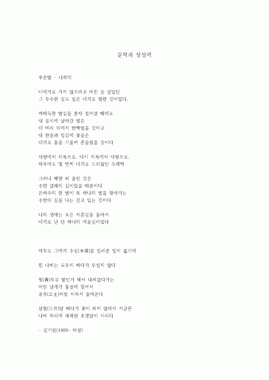문학과 상상력 중간고사 과제 - 시를 상상력을 발휘해 해석하기