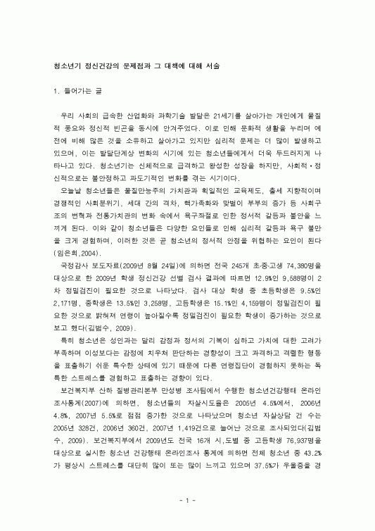 청소년기 정신건강의 문제점과 그 대책에 대해 서술