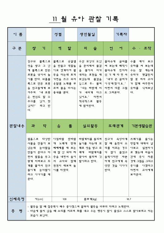 만3세 11월 유아 관찰 기록일지