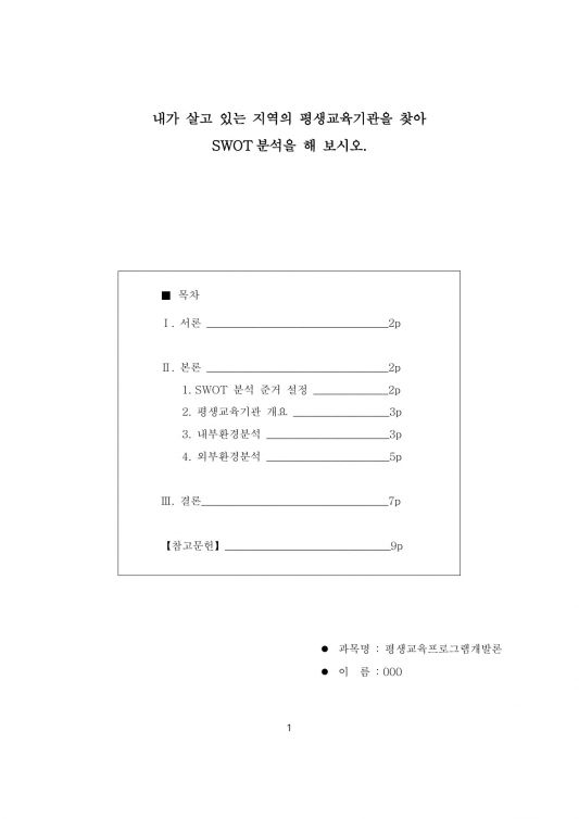 [평생교육프로그램 개발론] 내가 살고 있는 지역의 평생교육기관을 찾아 SWOT분석을 해보시오.