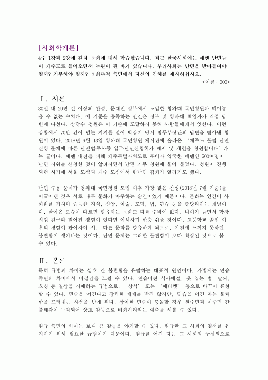 [사회학개론]최근 한국사회에는 예멘 난민들이 제주도로 들어오면서 논란이 된 바가 있습니다. 우리사회는 난민을 받아들여야 될까? 거부해야 될까? 문화론적 측면에서 자신의 견해를 제시하십시오.