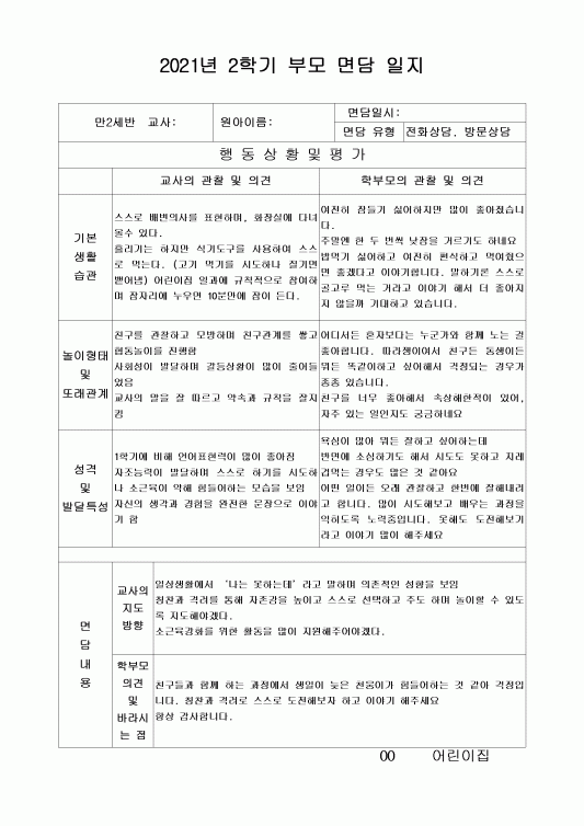2021년 2학기 학부모 면담 일지 만2세 7명