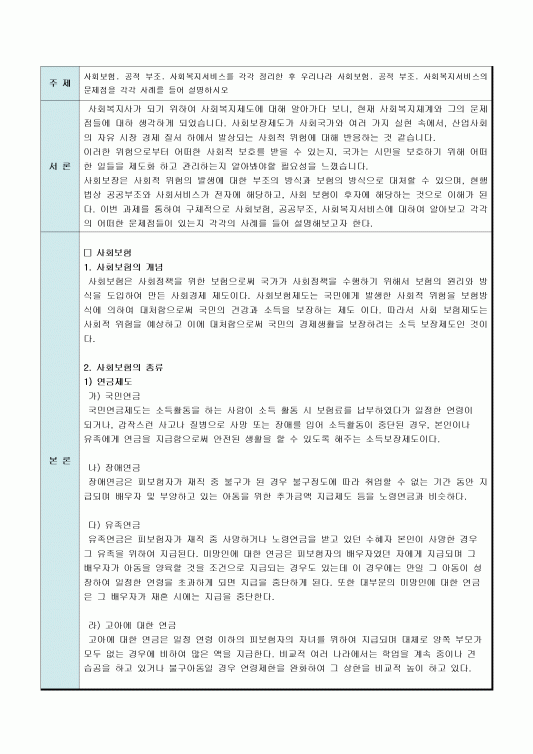 사회보험, 공적 부조, 사회복지서비스를 각각 정리한 후 우리나라 사회보험, 공적 부조, 사회복지서비스의 문제점을 각각 사례를 들어 설명하시오