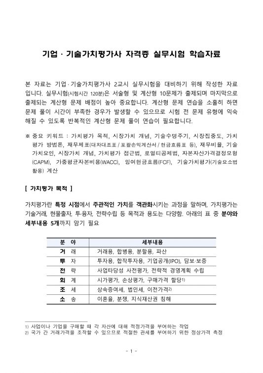 기업·기술가치평가사 자격증 실무시험 학습자료