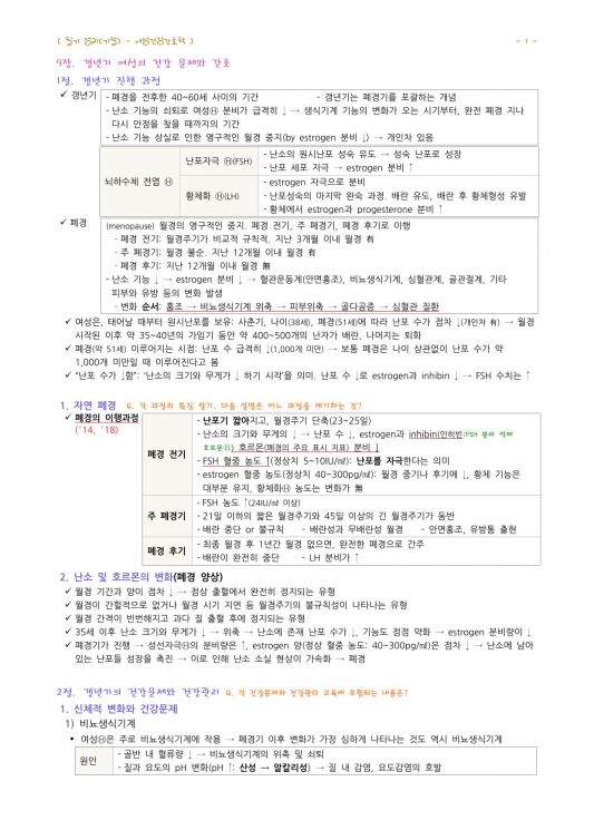 여성건강간호학 - 갱년기 여성, 생식기 종양 관련, 생식기 감염, 자궁내막관련 건강문제와 간호