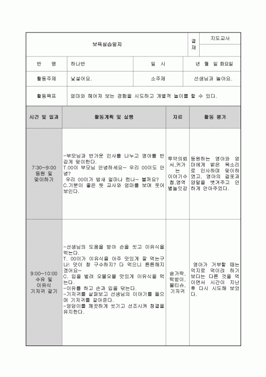 0세반 어린이집 보육실습일지 엄마와 헤어져 보는 경험을 시도하고 개별적 놀이를 할 수 있다