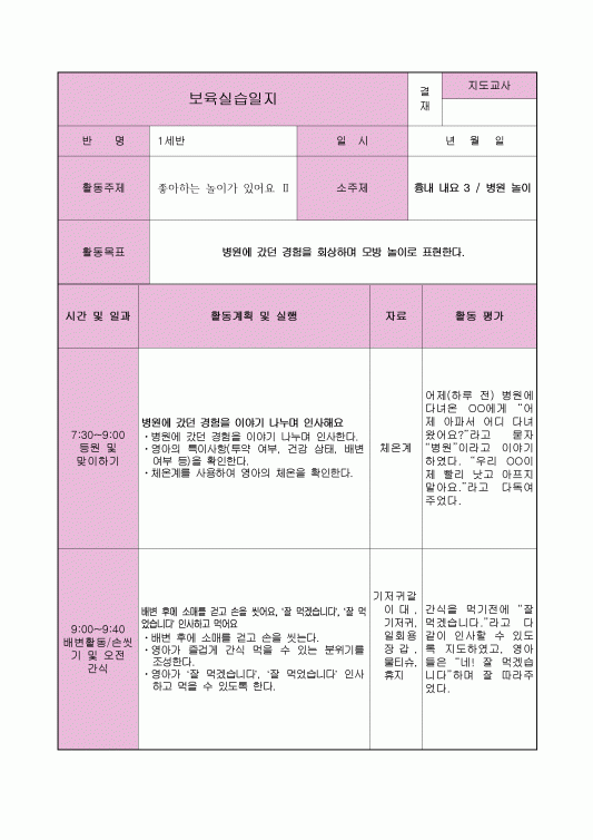 1세반 보육실습일지 병원에 갔던 경험을 회상하며 모방 놀이로 표현한다