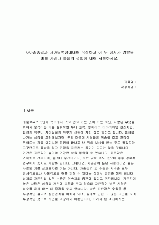 자아존중감과 자아탄력성에대해 작성하고 이 두 정서가 영향을 미친 사례나 본인의 경험에 대해 서술하시오.