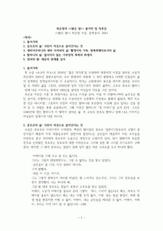 최은영 밝은 밤 독후감