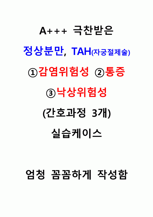 칭찬받은 정상분만 케이스/ TAH 케이스 / 감염위험성, 통증, 낙상위험성 케이스 / 간호과정 3개, 간호진단 9개 / NSVD 케이스 / 여성간호학 케이스 / 정상분만 케이스스터디 CASESTUDY / 전자궁절제술 케이스