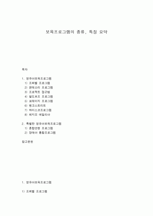 보육프로그램의 종류, 특징 요약