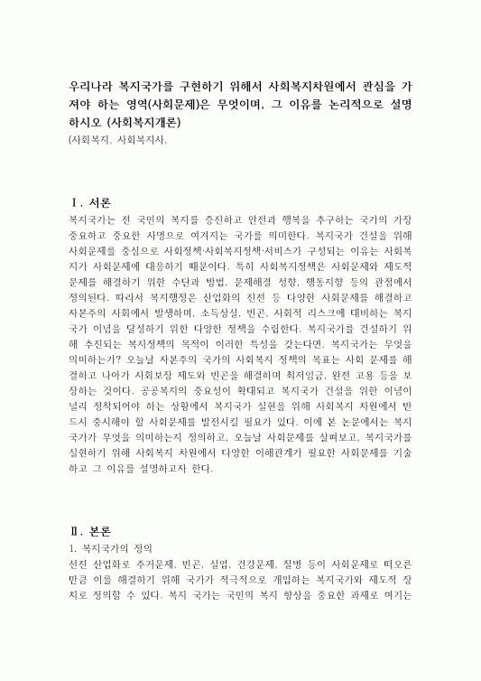 우리나라 복지국가를 구현하기 위해서 사회복지차원에서 관심을 가져야 하는 영역(사회문제)은 무엇이며, 그 이유를 논리적으로 설명하시오 (사회복지개론)