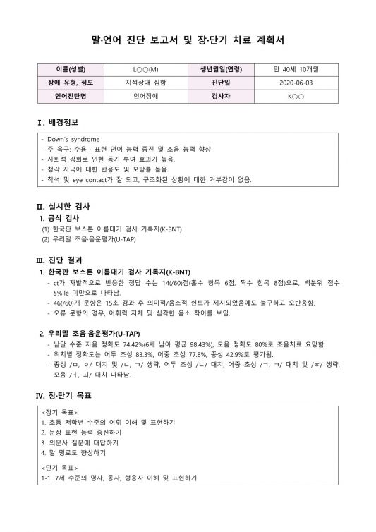 언어치료(지적장애/다운 증후군/언어발달장애)-진단 보고서, 치료 계획서, 진전(종결) 보고서, 회기 보고서(일지) 종합