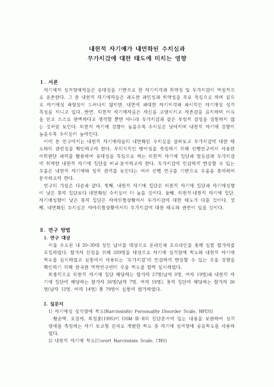 [논문 요약] 내현적 자기애가 내면화된 수치심과 무가치감에 대한 태도에 미치는 영향