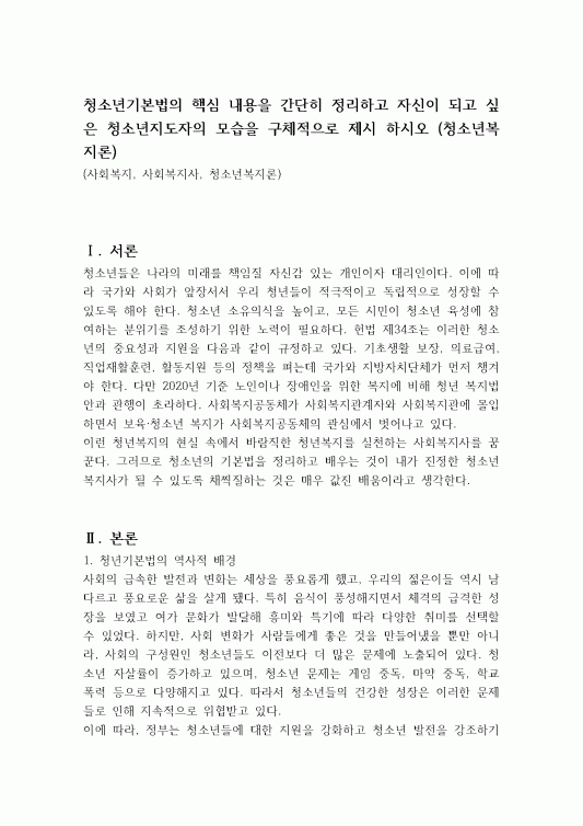 청소년기본법의 핵심 내용을 간단히 정리하고 자신이 되고 싶은 청소년지도자의 모습을 구체적으로 제시 하시오 (청소년복지론)