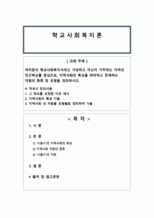 여러분이 학교사회복지사라고 가정하고 자신이 거주하는 지역의 인근학교를 중심으로, 지역사회의 특성을 파악하고 존재하는 자원의 종류 및 유형을 정리하시오.1. 그 학교를 선정한 이유 제시 2. 지역사회의 특성 기술 3. 지역사회 내 자원을 유형별로 정리하여 기술