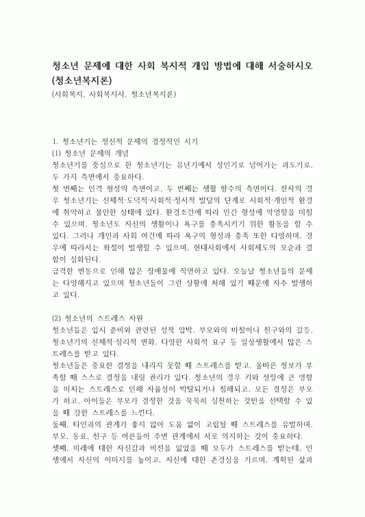 청소년 문제에 대한 사회 복지적 개입 방법에 대해 서술하시오 (청소년복지론)
