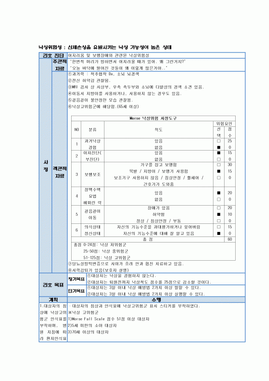 어지러움 및 보행장애와 관련된 낙상위험성(간호진단 및 간호과정 1개)
