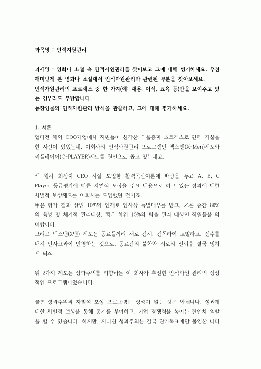 우수과제물 인적자원관리