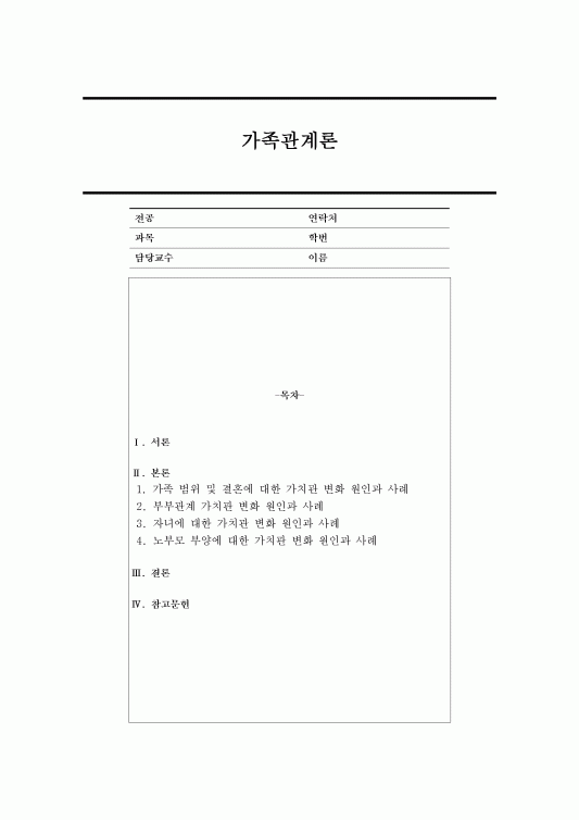 현대가족의 4가지 가족 가치관(가족 범위 및 결혼에 대한 가치관, 부부관계 가치관, 자녀에 대한 가치관, 노부모 부양에 대한 가치관)이 변화한 원인과 사례를 각각 분석하고 제시한 후, 바람직한 가족 가치관에 대하여 서술해보시오.