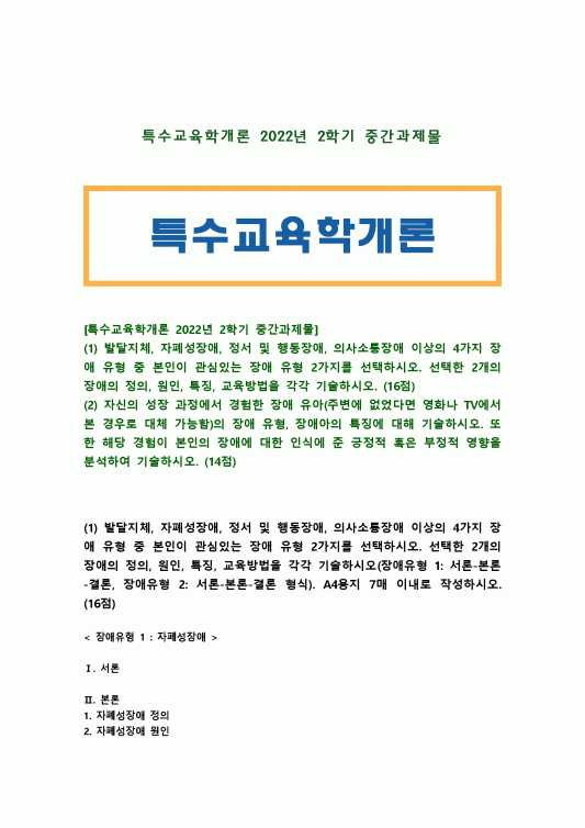[특수교육학개론 2022] 1) 발달지체, 자폐성장애, 정서 및 행동장애, 의사소통장애 이상의 4가지 장애 유형 중 본인이 관심있는 장애 유형 2가지를 선택, 장애의 정의, 원인, 특징, 교육방법 2) 자신의 성장 과정에서 경험한 장애 유아의 장애 유형, 장애아의 특징, 해당 경험이 본인의 장애에 대한 인식에 준 긍정적 혹은 부정적 영향