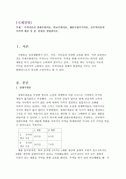 무역이론인 절대우위이론, 비교우위이론, 제품수명주기이론, 신무역이론의 각각의 개념 및 장단점을 설명