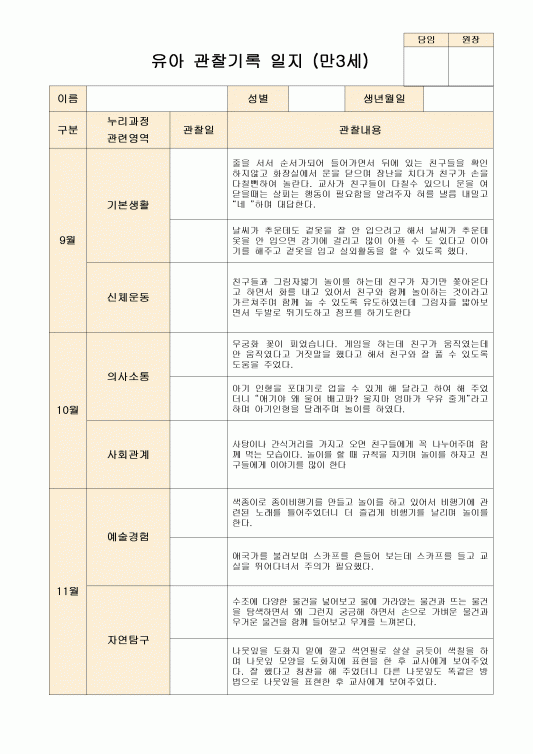 유아 관찰기록 일지 만3세 9~11월