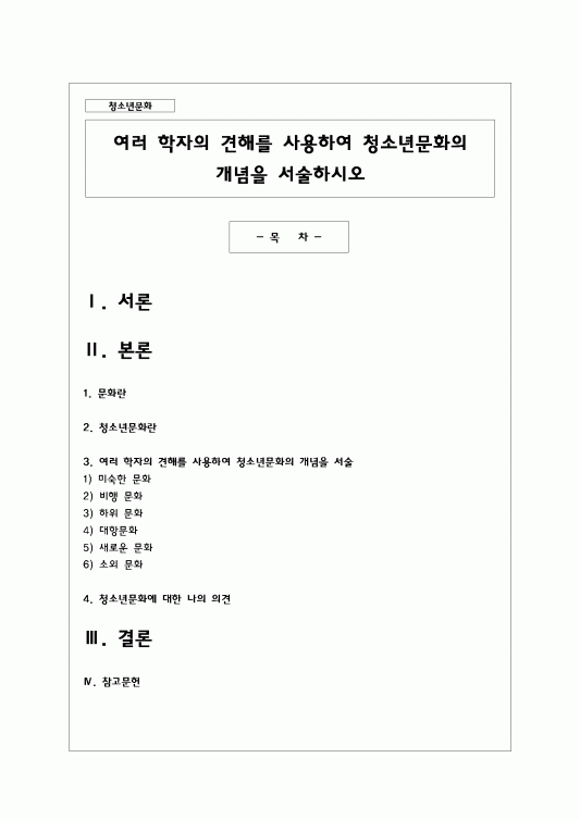 여러 학자의 견해를 사용하여 청소년문화의 개념을 서술