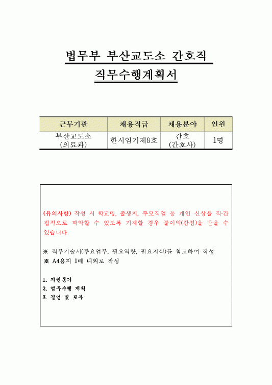 법무부 부산교도소 간호직 직무수행계획서