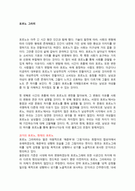포르노 그라피 (과거 현재 미래 변천 과정, 서양 동양 차이점, 남성 여성 남성주의적, 어원 정의, 음란성 기준, 욕망 쾌락 유체 성의 특정 언어 현실 구축, 하이퍼 리얼리즘)