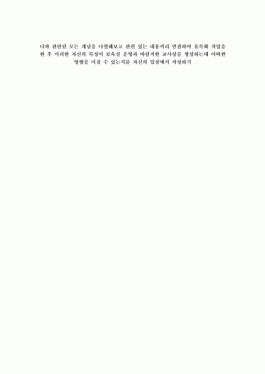 나와 관련된 모든 개념을 나열해보고 관련 있는 내용끼리 연결하여 유목화 작업을 한 후 이러한 자신의 특성이 보육실 운영과 바람직한 교사상을 형성하는데 어떠한 영향을 미칠 수 있는지를 자신의 입장에서 작성하세요