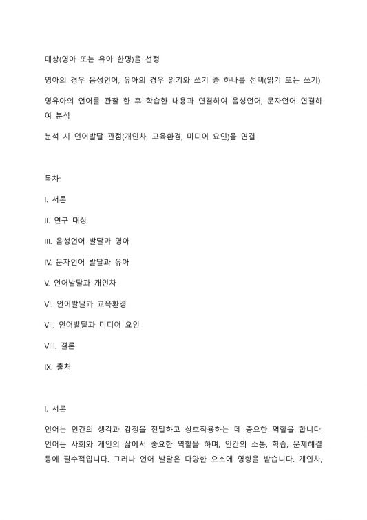 대상(영아 또는 유아 한명)을 선정 영아의 경우 음성언어, 유아의 경우 읽기와 쓰기 중 하나를 선택(읽기 또는 쓰기) 영유아의 언어를 관찰 한 후 학습한 내용과 연결하여 음성언어, 문자언어 연결하여 분석 분석 시 언어발달 관점(개인차, 교육환경, 미디어 요인)을 연결